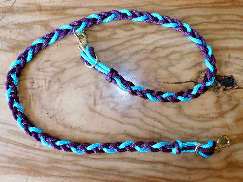 Pre made- "Cafe" plaited dog lead, burgundy/turquoise, brass ...