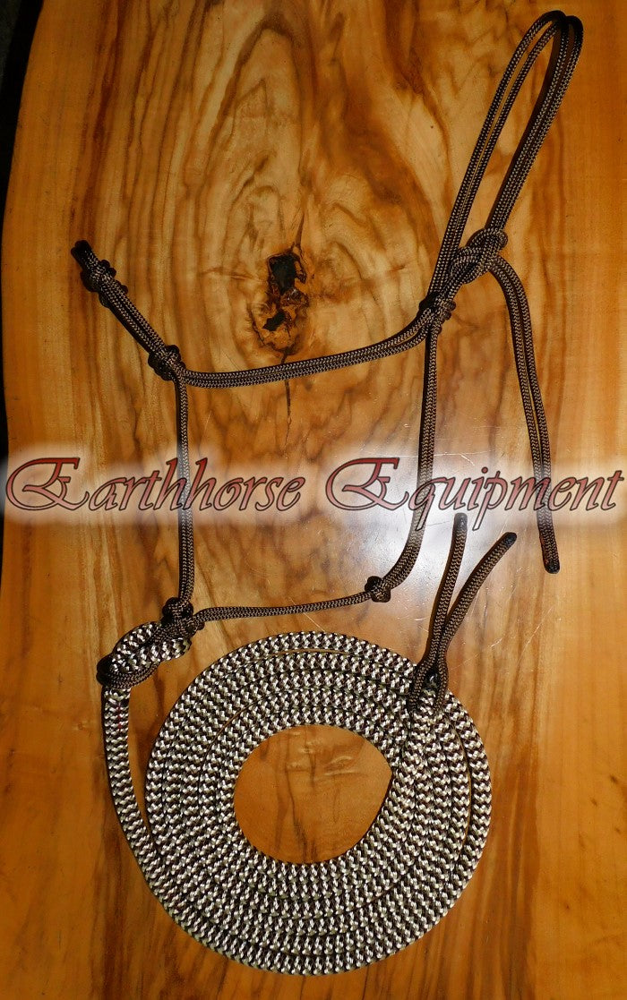 Training halter and 12ft lead set, Dark brown/beige zig zag Marine rop ...